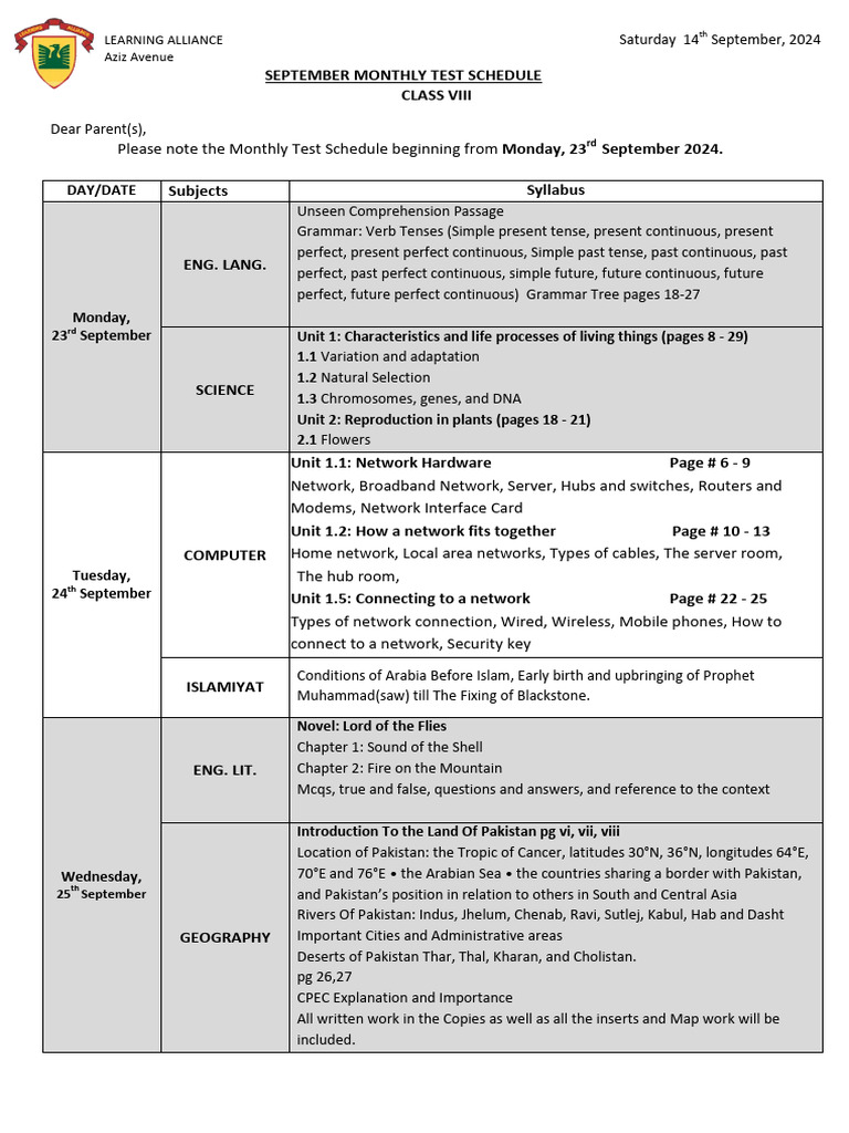 September Test Course Outlines | PDF | Computer Network | Pakistan