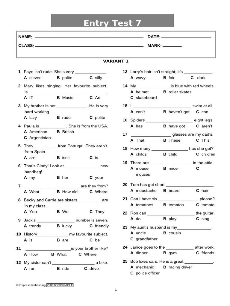 English Entry Test for Students | PDF