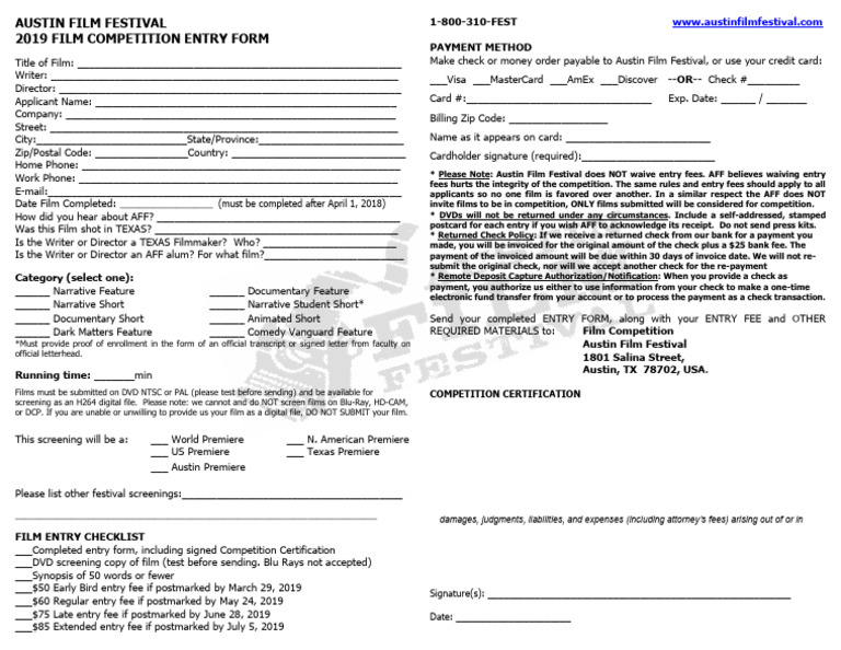 2019 Film Competition Entry Form | PDF | Credit Card