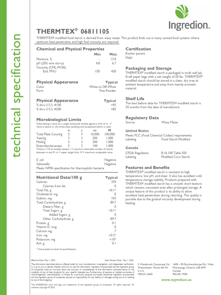 THERMTEX - 06811105 Technical Specification | PDF | Starch | Maize