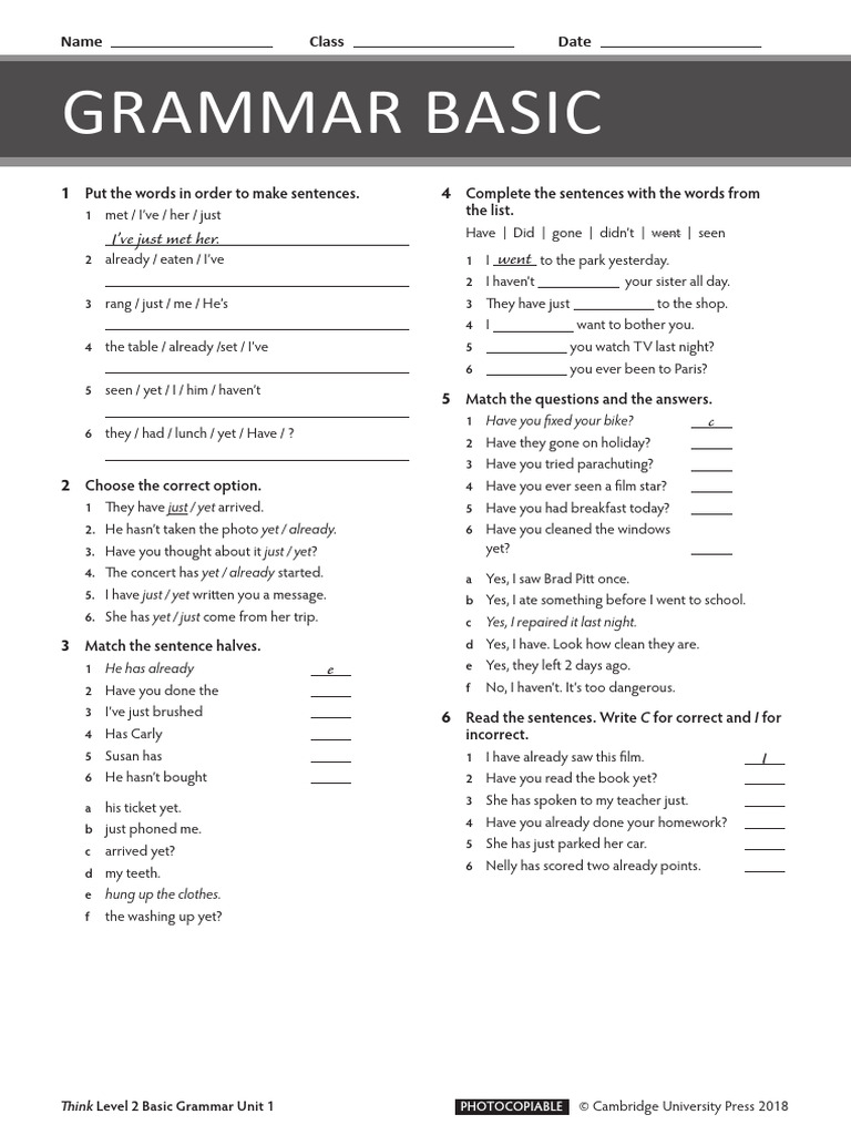 Think l2 Unit 1 Grammar Basic | PDF