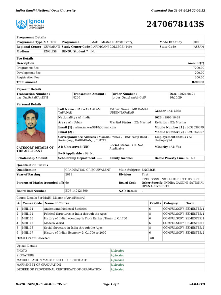 Application-Form IGNOU HISTORY | PDF