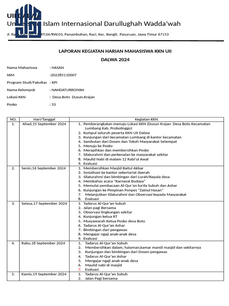 Laporan Kegiatan Harian Mahasiswa KKN Uii - Jadi Satu | PDF | Ilmu Sosial | Agama & Spiritualitas
