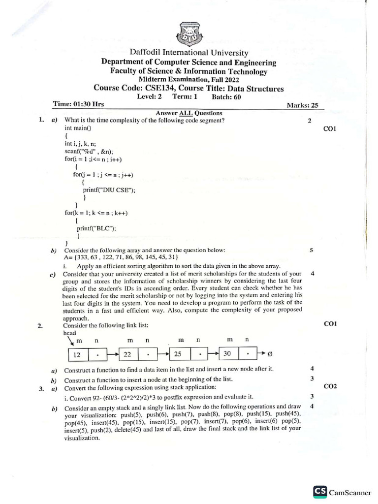 Previous - Questons) (Midterm) CSE-134 Data Structure | PDF