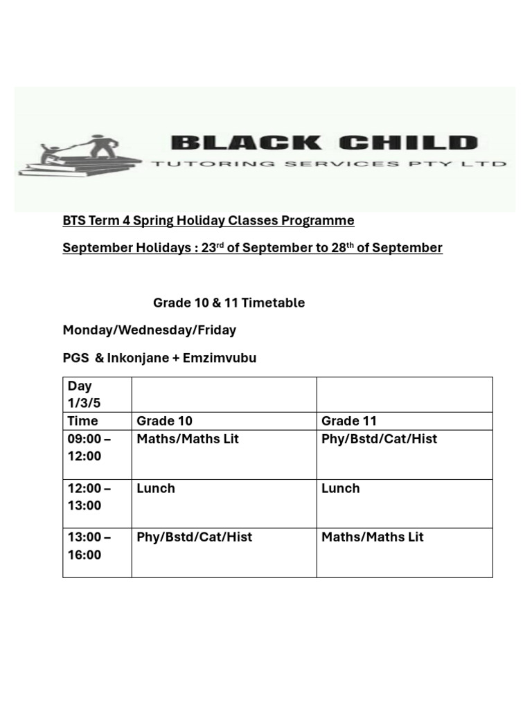 BTS Grade 10 & 11 Holidays Timetable | PDF | Language Arts & Discipline ...
