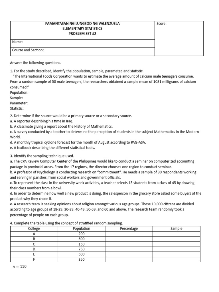 Elementary Statistics Problem Set 2 | PDF | Sampling (Statistics ...
