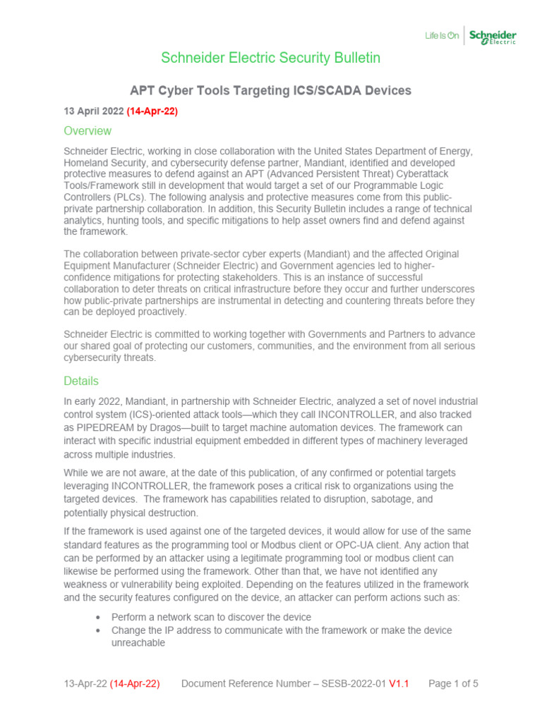 Schneider Electric ICS/SCADA Security Alert | PDF | Computer Security ...