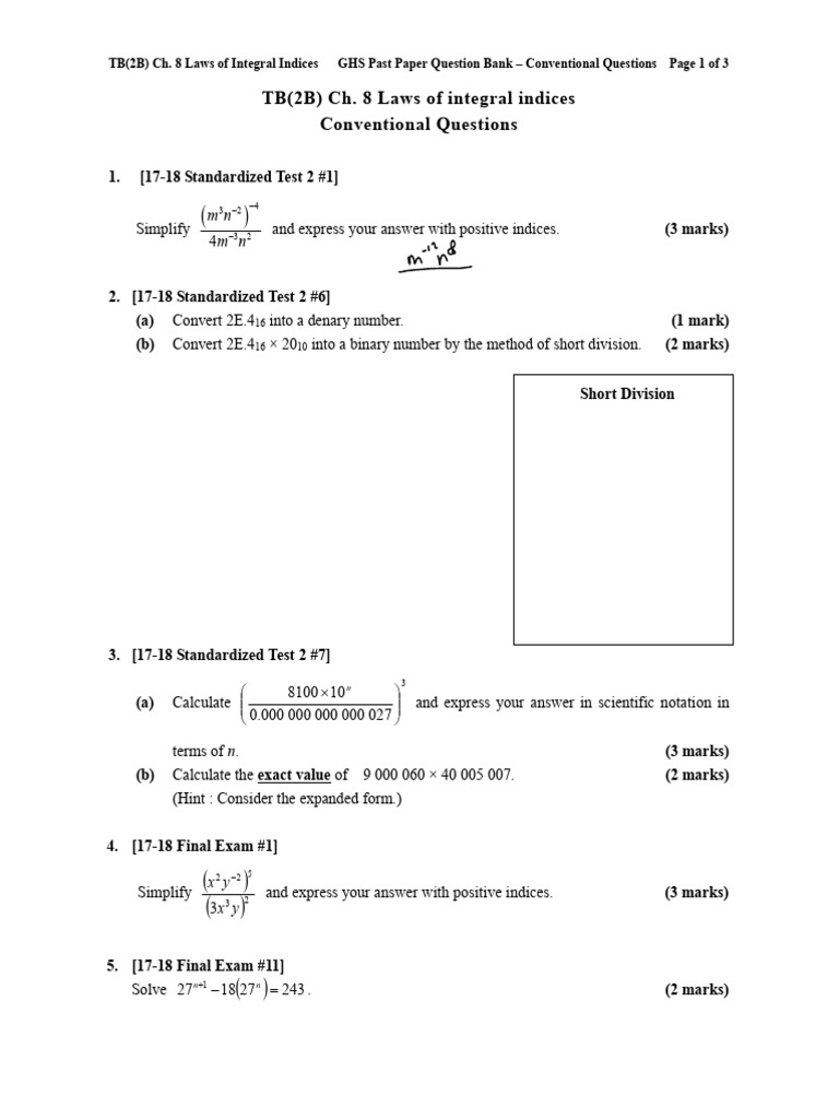 Integral Indices Questions Bank | PDF | Decimal | Numbers