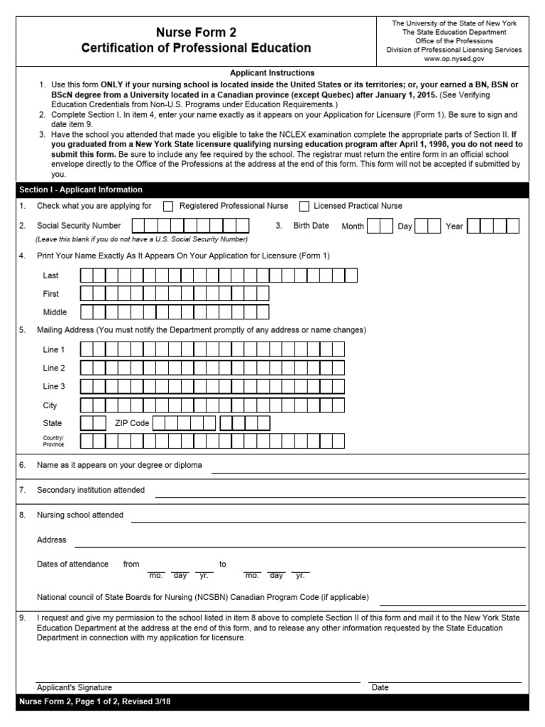 NYSED Nurse Form 2 Instructions | PDF | National Council Licensure ...