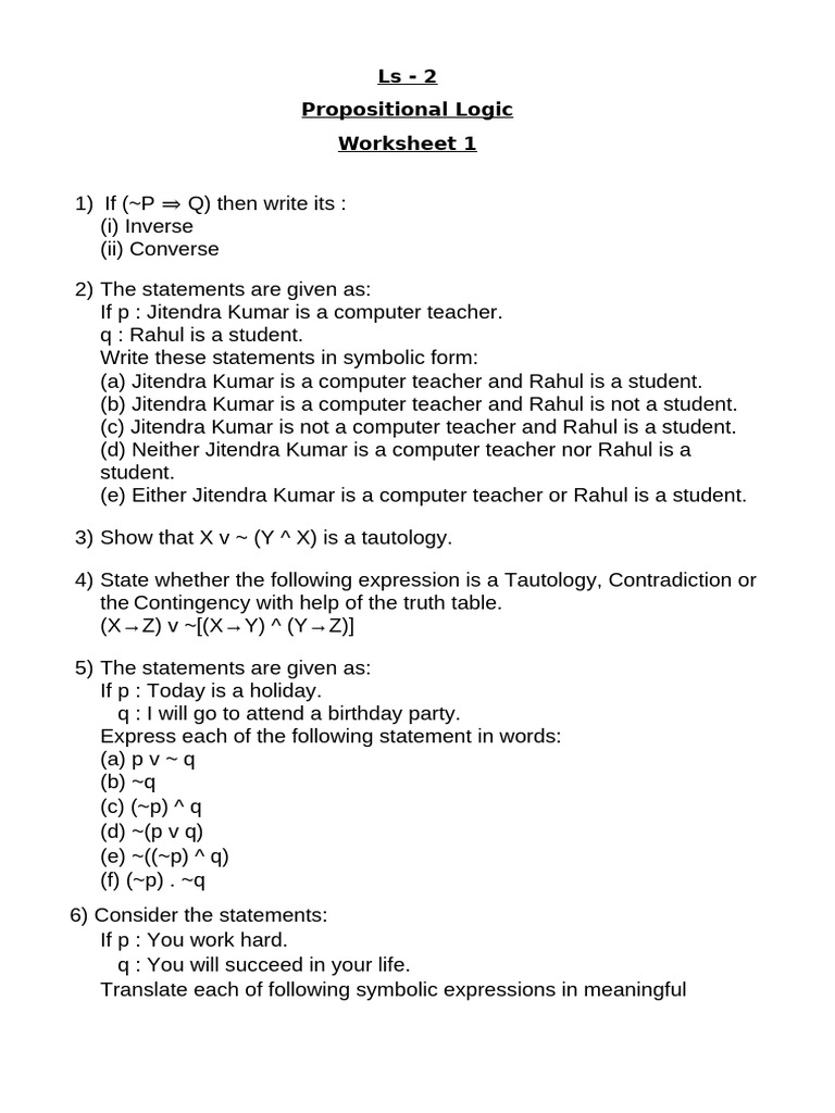 Ls 2 Propositional Logic Worksheet 1 Pdf