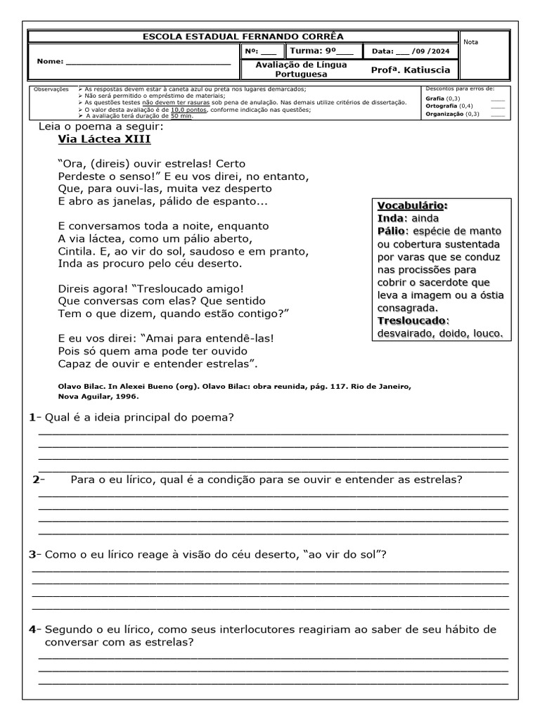 Avaliação Poemas Isabel | PDF