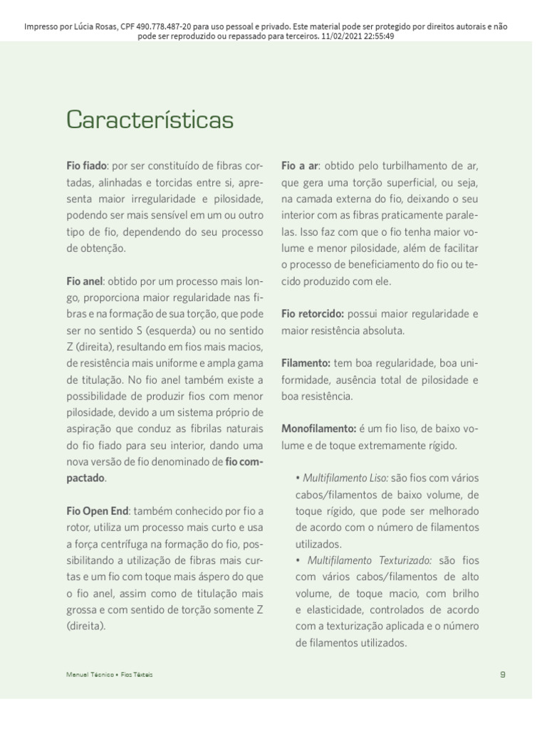 Tipos e Características de Fios Têxteis | PDF | Fiação (têxtil) | Fio