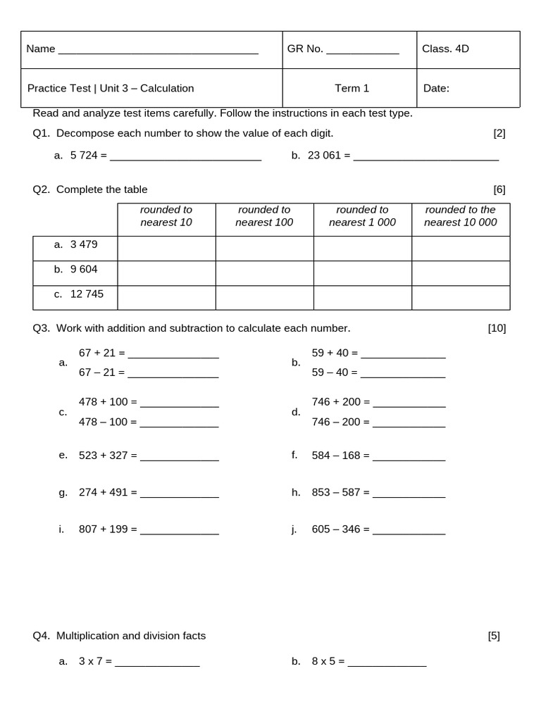 Class 4 Maths Unit 3 Practice Test | PDF