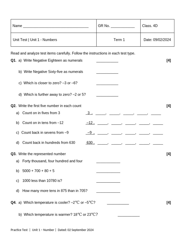 Class 4 - Unit 1 - Test | PDF