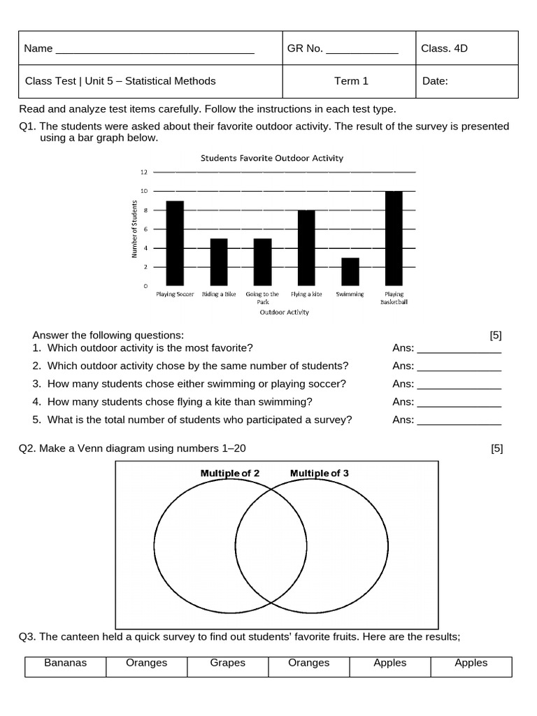 Class 4 - Unit 5 - Test | PDF