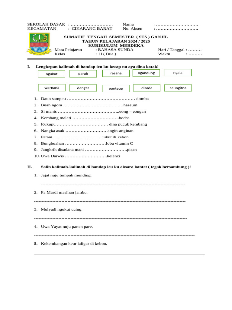 Soal Bahasa Sunda Kelas 2 Sumatif Tengah Semester 1 | PDF