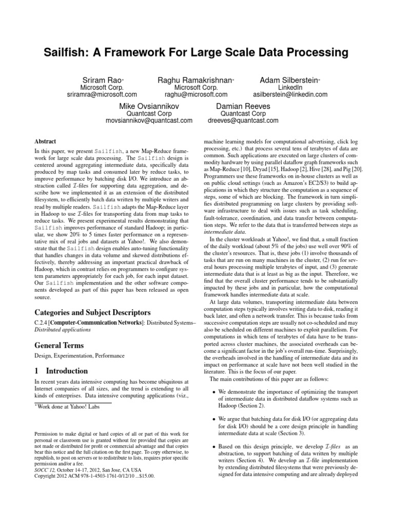 Sailfish - A Framework For Large Scale Data Processing | PDF | Apache Hadoop | Map Reduce