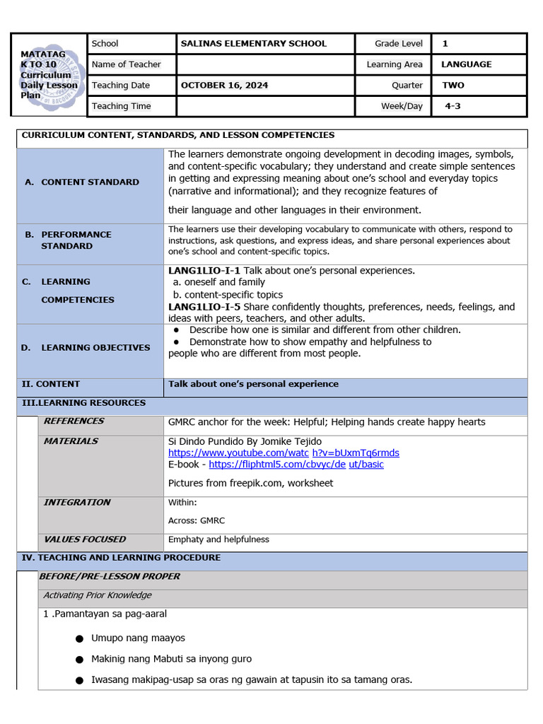q2 DLP Language w4 d3 | PDF | Learning | Curriculum