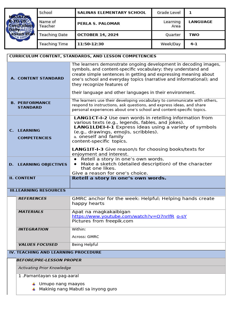 q2 DLP Language w4 d1 | PDF | Learning | Curriculum