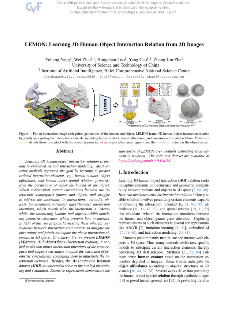 Yang LEMON Learning 3D Human-Object Interaction Relation From 2D Images CVPR 2024 Paper | PDF ...