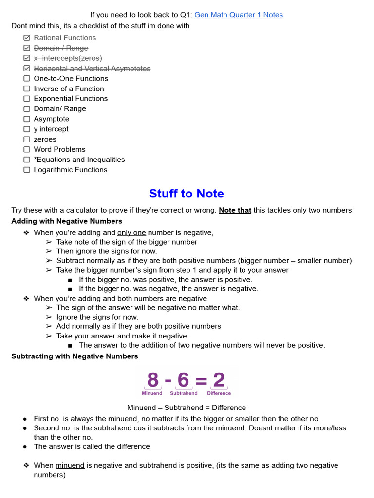 Gen Math Quarter 2 Notes | PDF | Subtraction | Exponentiation