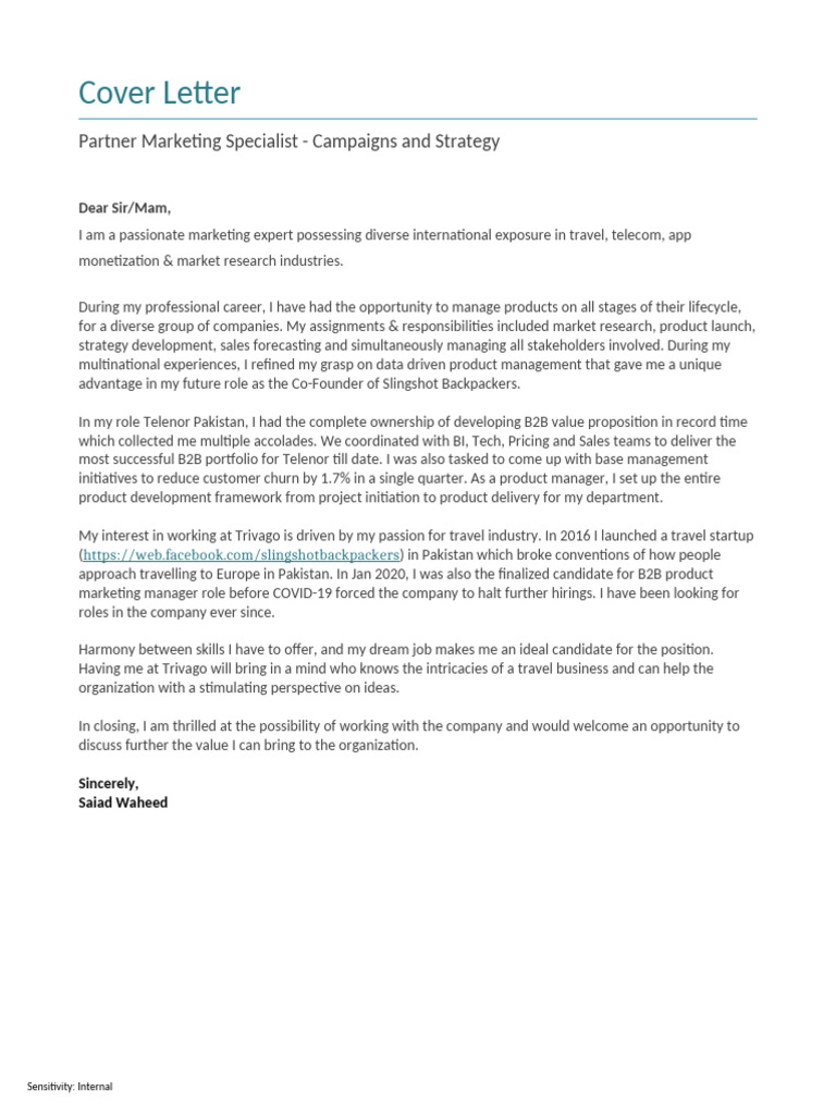 Cover Letter B2B Product Manager | PDF | Marketing | Business