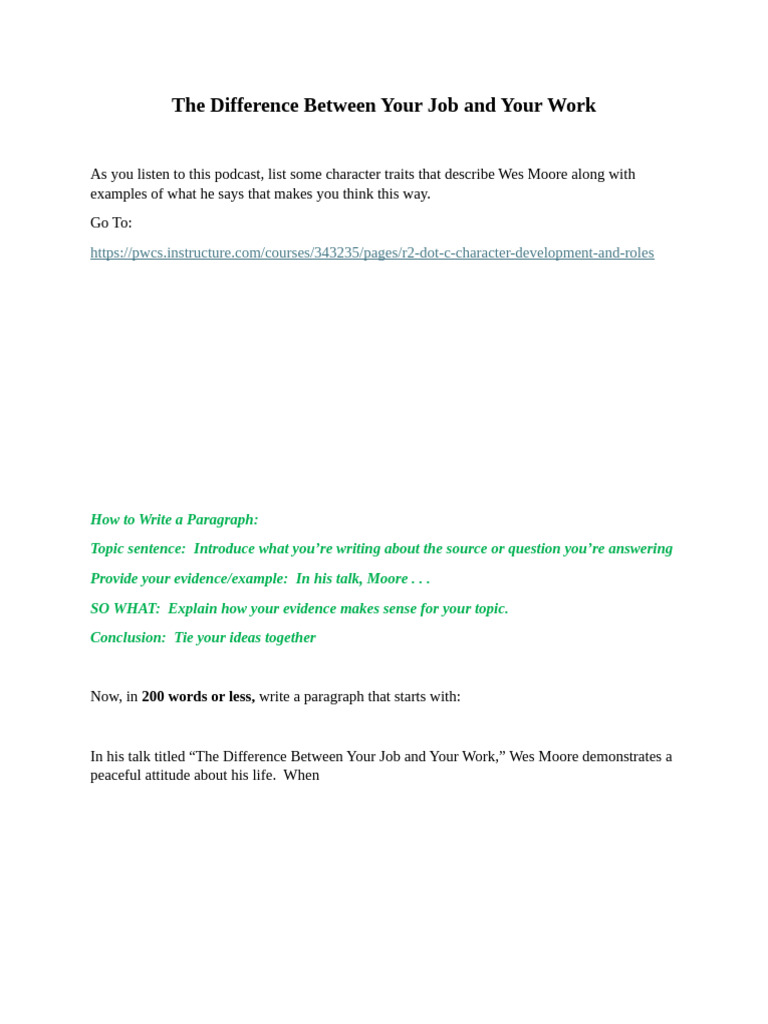 Wes Moore Difference Between Your Job and Your Work | PDF