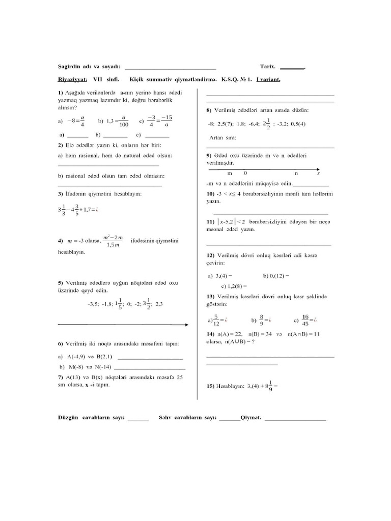 Riyaziyyat VII Sinif. KSQ-1 | PDF