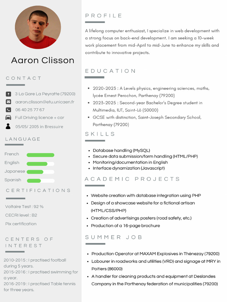 Aaron Clisson CV anglais | PDF