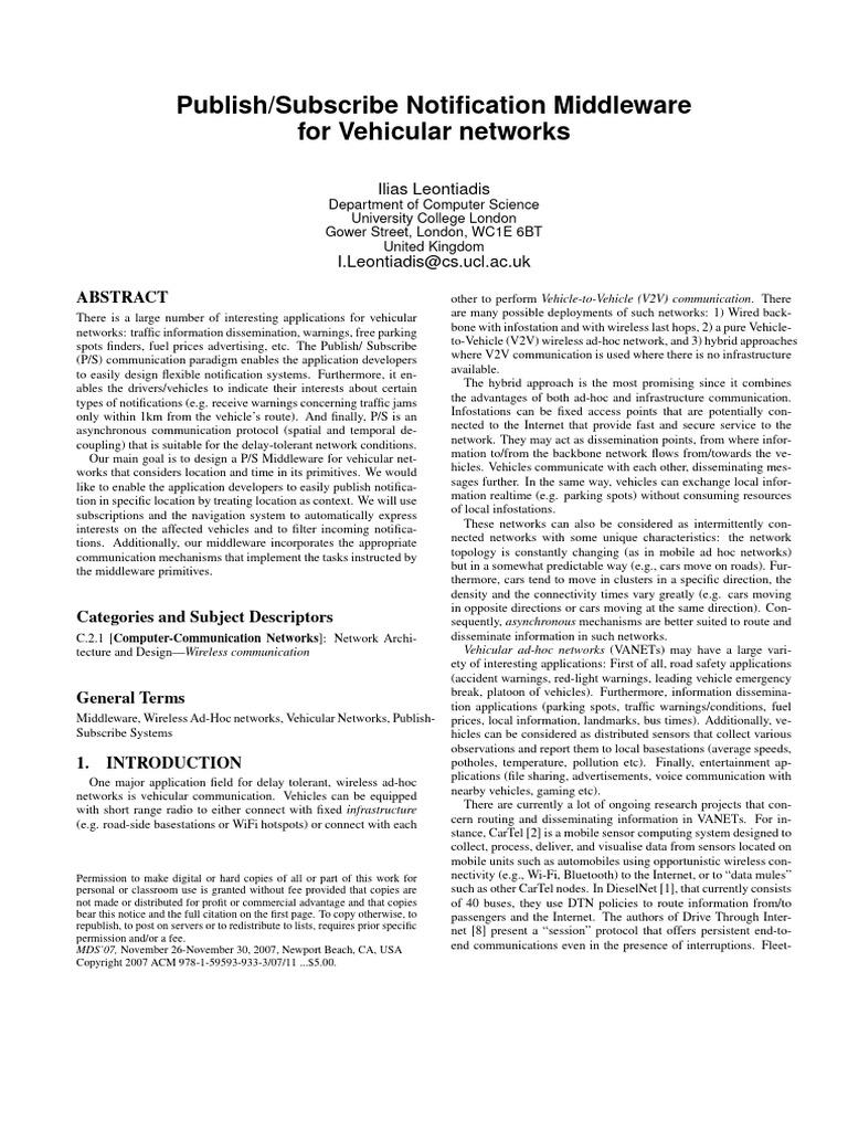 3 Publish Subscribe Notification Middleware For Vanet | PDF | Computer Network | Wireless Ad Hoc ...