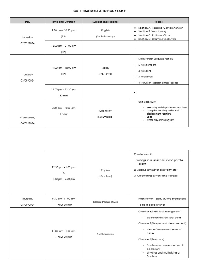 Year 9 CA2 Timetable | PDF | Genetics