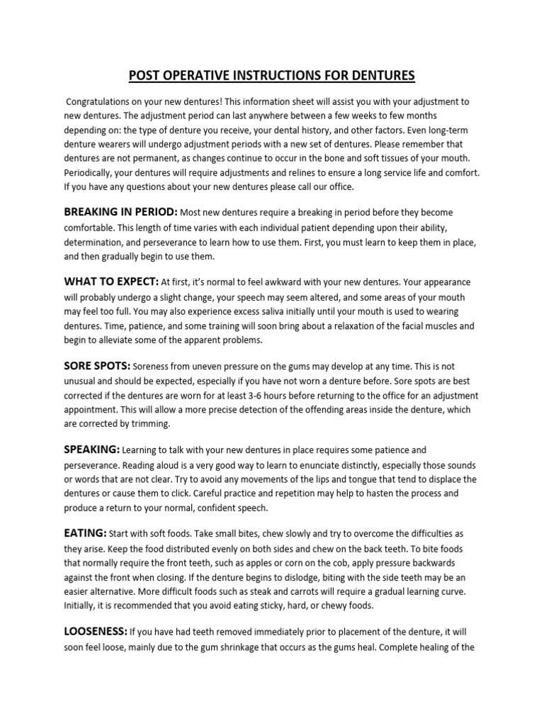 POST_OPERATIVE_INSTRUCTIONS_FOR_DENTURES | PDF | Dentures | Dentistry ...