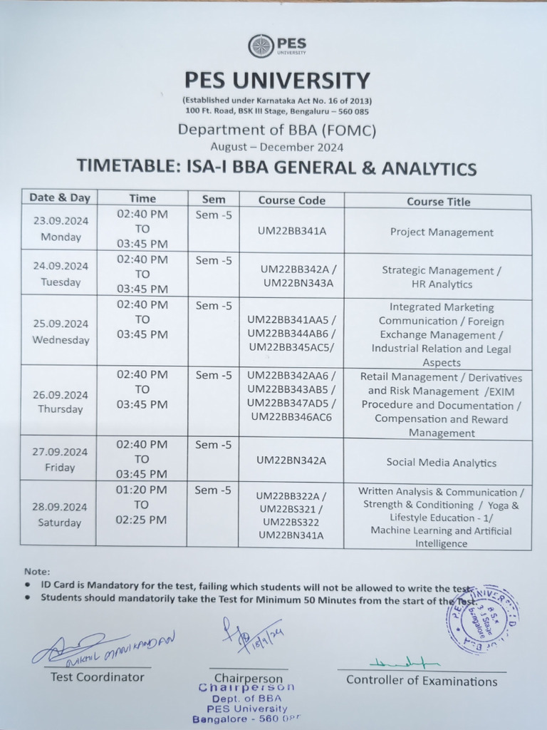 Time Table ISA 1 BBA Sem 5 | PDF