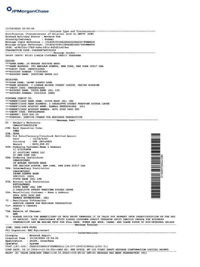 Mt103 Single Customer Cash Transfer - Jpmorgan-Scb-Sierra Leone - 1 | PDF