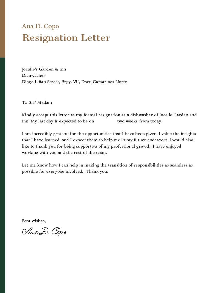 Dark Green Brown Sophisticated Traditional Sample Resignation Letter ...