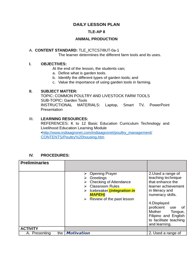ANIMAL PROD. LESSON PLAN (1) | PDF | Learning | Lesson Plan
