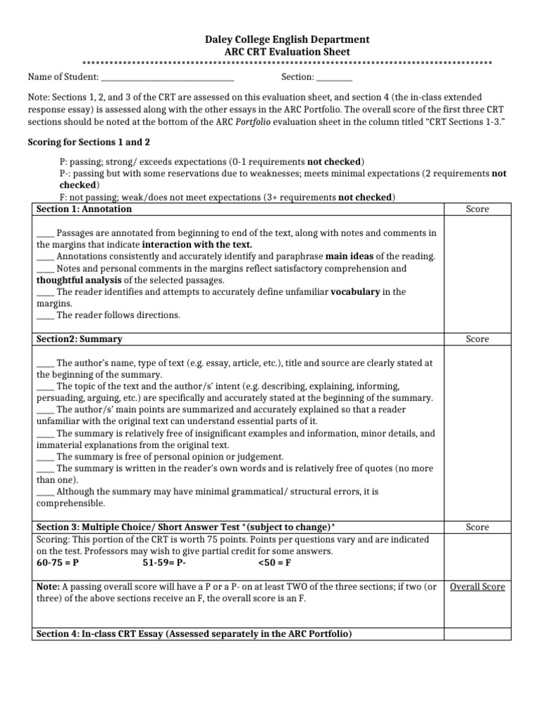 ARC CRT Evaluation Sheet | PDF | Reading Comprehension | Cognition