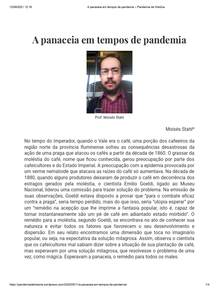 A Panaceia em Tempos de Pandemia - Pandemia de História | PDF | Science