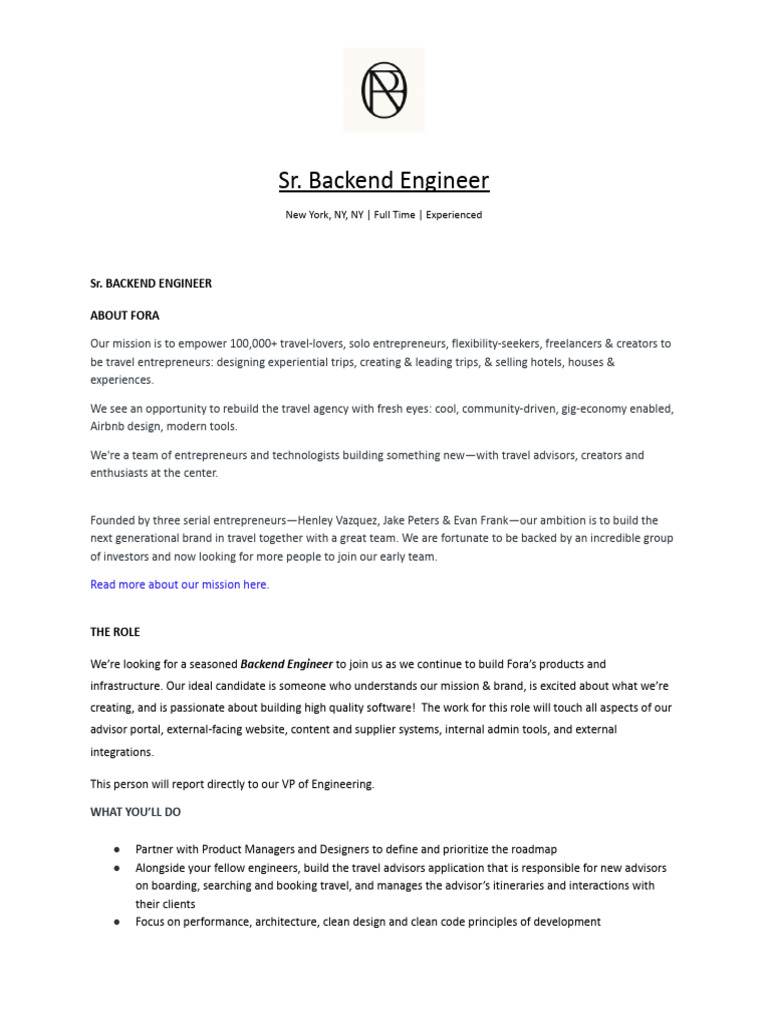 Sr. Backend Engineer - Fora JD | PDF | Recruitment | Employment Sr. Backend Engineer - Fora JD | PDF | Recruitment | Employment