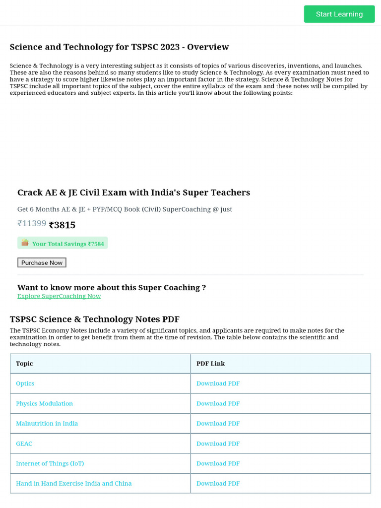 TSPSC Science and Technology Notes, Download Free PDFs! | PDF