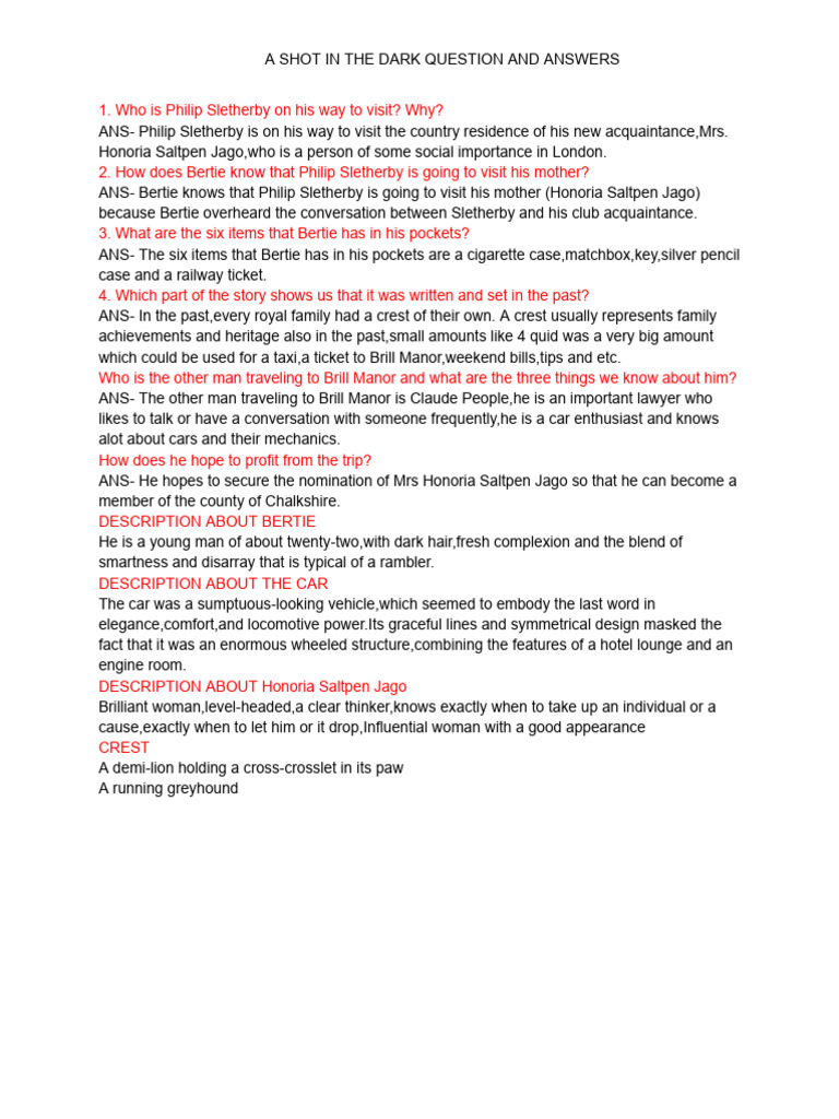 Class 8 A Shot in the Dark Q&A | PDF | History | Mystery, Thriller ...