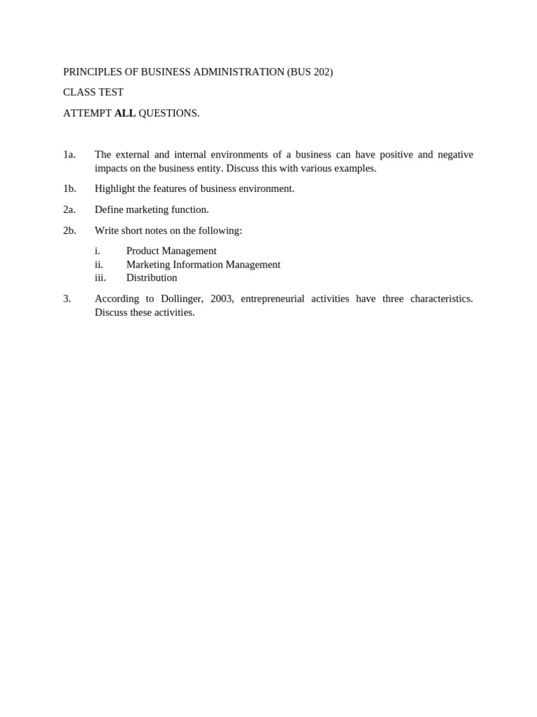 Principles of Business Administration Class Test | PDF