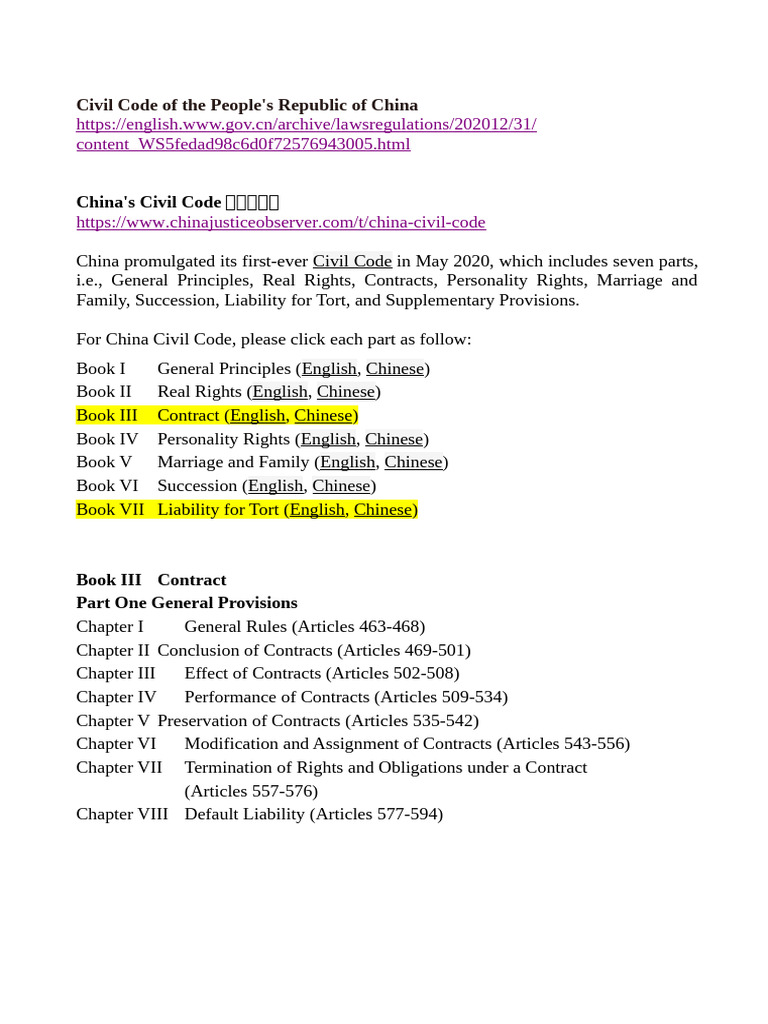 4a. Hyperlinks - Civil Code of the PRC (1) | PDF