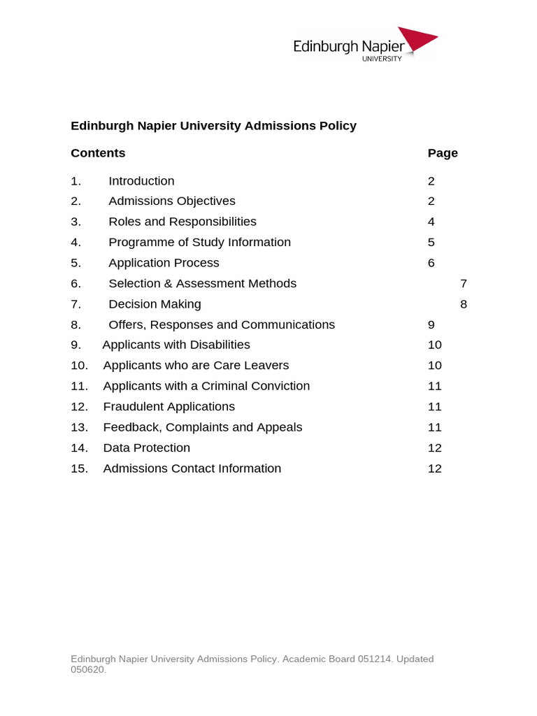 Edinburgh Napier Admissions Policy | PDF | University And College Admission