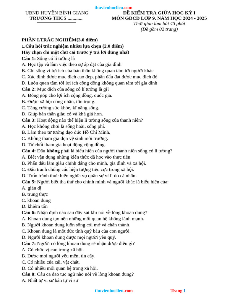 Bo de Kiem Tra Giua HK1 GDCD 9 KNTT | PDF