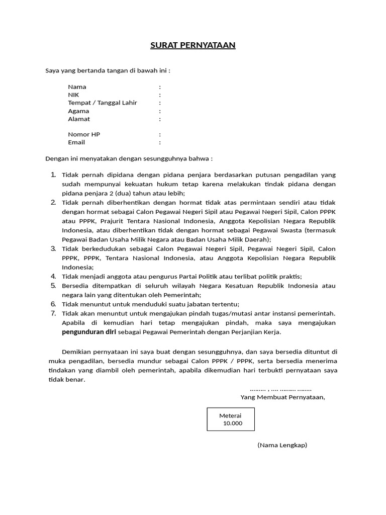 (Draft) Surat Pernyataan PPPK 2024 | PDF | Hukum