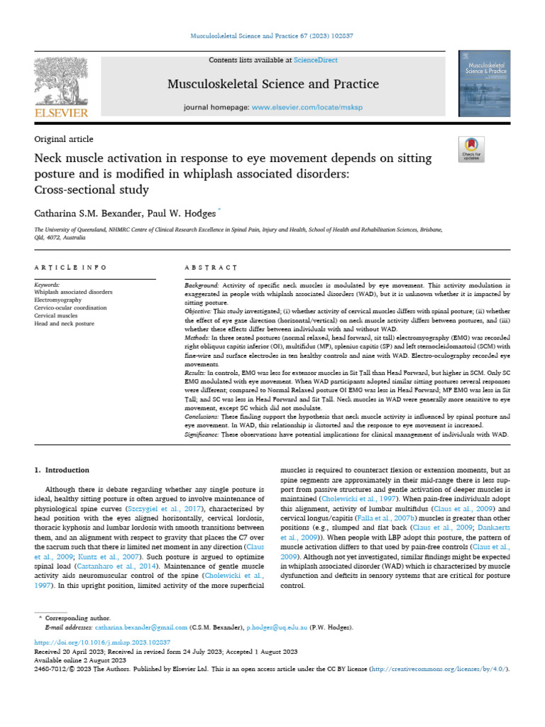 Neck Muscle Activation in Response to Eye Movement Depend 2023 Musculoskelet | PDF ...