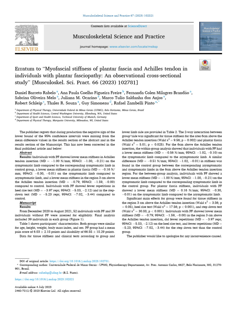 Erratum to Myofascial Stiffness of Plantar Fascia and Achil 2023 Musculoske | PDF | Soft Tissue ...
