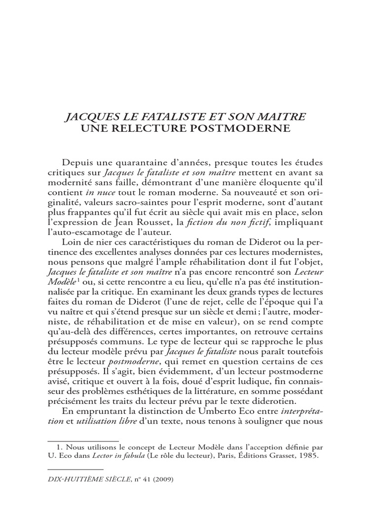 Jacques Le Fataliste Et Son Maitre Une Relecture Postmoderne | PDF ...