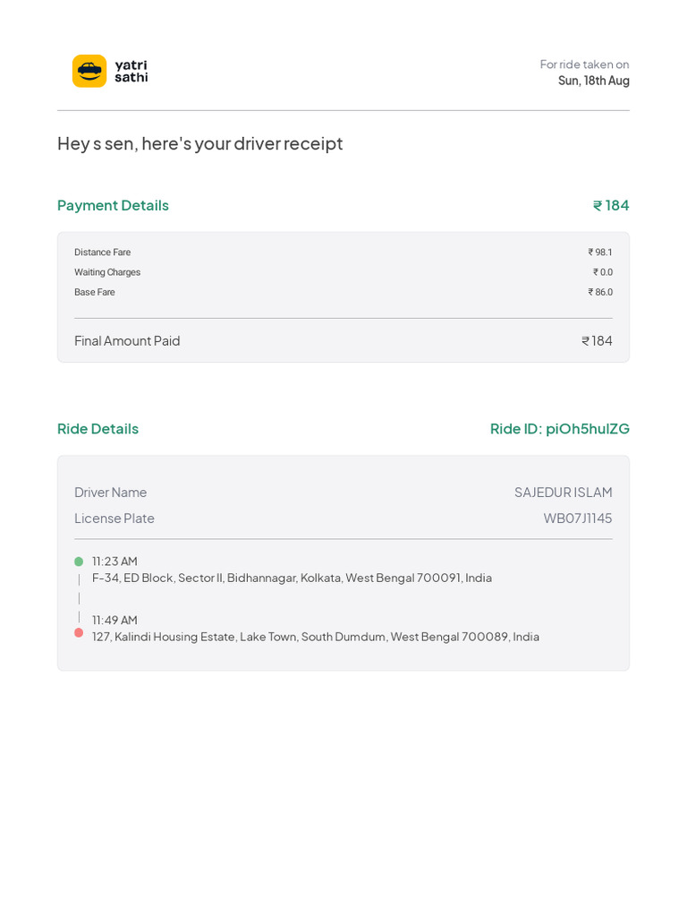 Hey S Sen, Here's Your Driver Receipt: Payment Details 184 | PDF